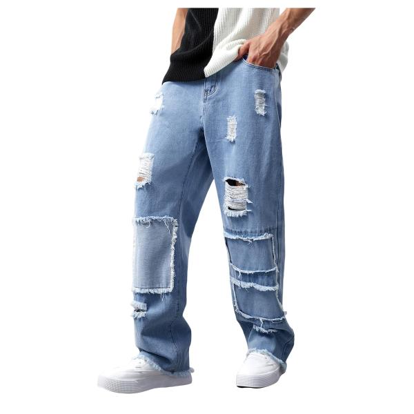 商品名:  Verdusa Men's High Waist Ripped Jeans Frayed Trim Straight Leg Denim Pants Trousers Light Wash Largeブランド: Verdusa商...