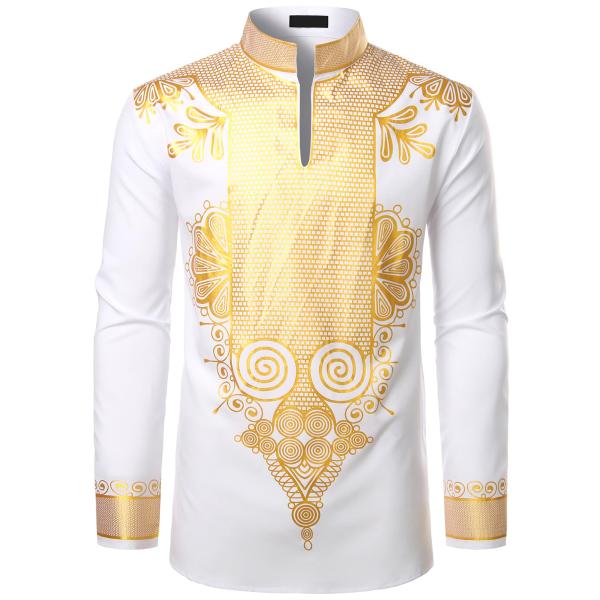 商品名:  ZEROYAA Men's Africa Stand-up Collar Long Sleeve Dashiki Shiny Pattern Printed Dazzling Shirt White Gold Largeブランド...