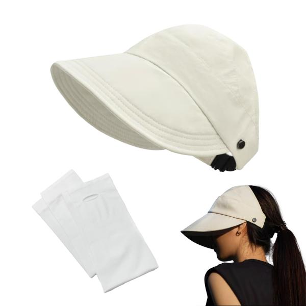 商品名:  huablo]Women Visor Ponytail Sun Hat Wide Brim Hollow Top Hat Packable Visor Outdoor Uv Protection Empty Top Beigeブ...