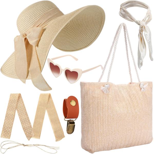 商品名:  Casuallined 5 Pcs Women Straw Beach Hat Set with Straw Beach Tote Bag Summer Sunglasses Women Head Scarf Hat Clip ...