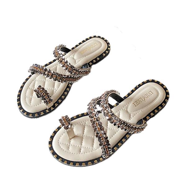 商品名:  HEELOJI Women's Rhinestone Sequins toe ring Fashion slippers Leather Rivet decor Round Open Toe Slip-On Flat Clip ...