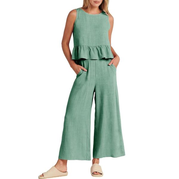 商品名:  Two Piece Summer Outfits for Women Linen Pants Suits Casual Sleeveless Shirts and Wide Leg Trousers Sets 2 Piece L...