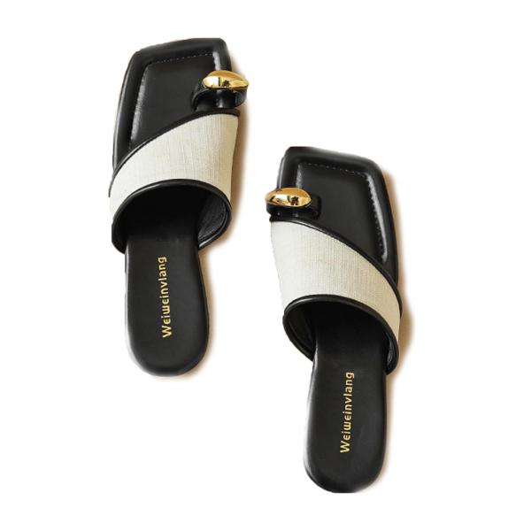 商品名:  Lymphvity Women's Ring Toe Metal Flat Sandals Summer Slip-on Square Open Toe Non-Slip Beach Flats Slippers (Black,...