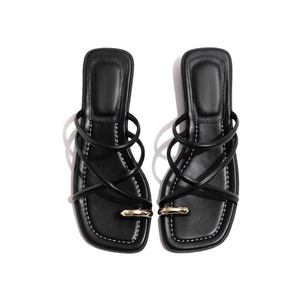 商品名:  LVOMU Women's Leather Strappy Metal Button Toe Ring Slides Sandals Dressy Square Open Toe Summer Low Block Heel Sl...