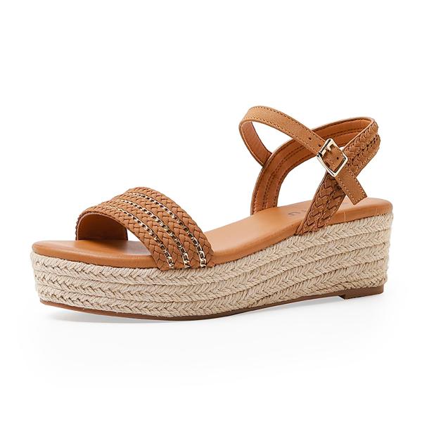 商品名:  LVOMU Women's Leather Weave Espadrille Wedge Sandals with Adjust Ankle Strap Fashion Open Round Toe Comfortable Pl...
