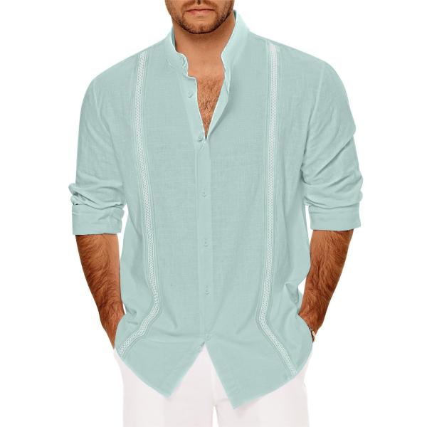 商品名:  JEKAOYI Mens Casual Linen Button Down Long Sleeve Shirts Cuban Guayabera Band Collar Beach Vacation Tops Mint-blue...