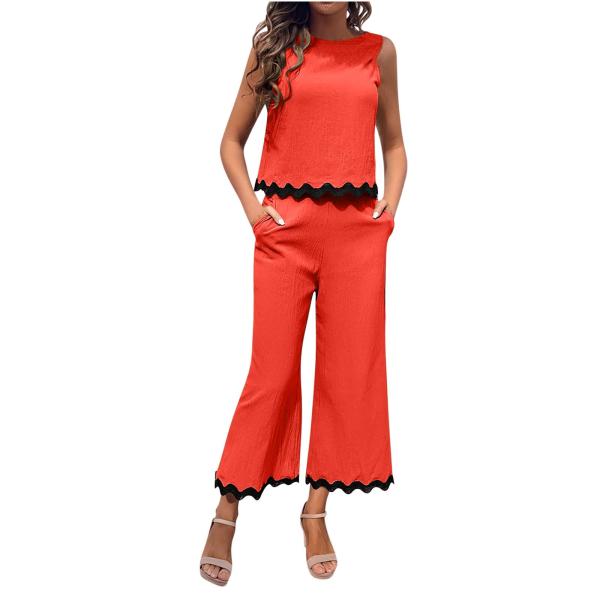 商品名:  Generic 2024 2 Piece Sets for Women Summer Ric Rac Sleeveless Crewneck Tank Top Wide Leg Pants Casual Vacation Aes...