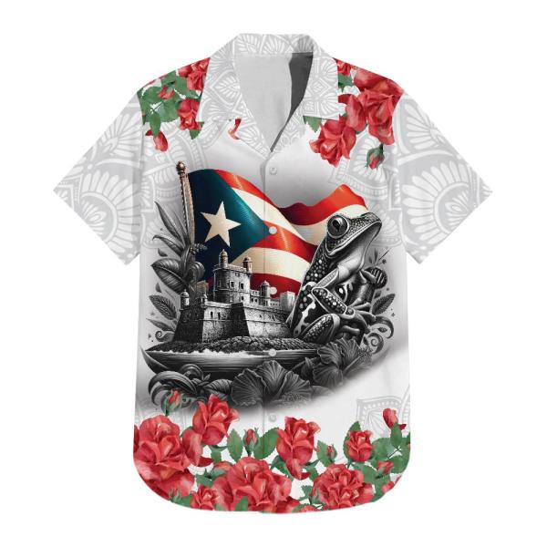 商品名:  Puerto Rican Flag Frog Hibiscus Hawaiian Shirt, Puerto Rico Button Down Short Sleeves Printed Summer Beach Dress A...