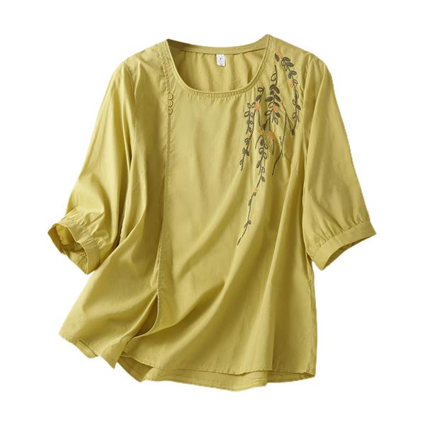 商品名:  Generic Summer Lightweight Cotton Linen Short Sleeve Shirt for Women with Classic Embroidery Breathable Blouses (Y...