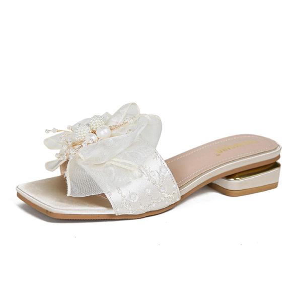 商品名:  Women'S Square Open Toe Lace Bow Flat Sandals with Pearl Decor Slip on Summer Fashion Comfy Dressy Slide Sandals O...