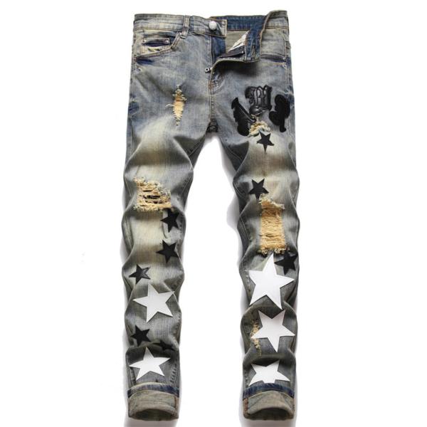 商品名:  Generic Men's Ripped Jeans Casual Printed Slim Fit Stretch Embroidery Jeans Skinny Denim Pants Distressed Destroye...