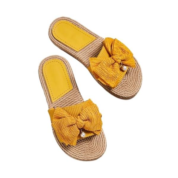 商品名:  FRZTOUR Women Bow Beach Sandals Cute Summer Pearl Straw Flats Comfortable Casual Open Toe Slides (8,Yellow,8,Women...