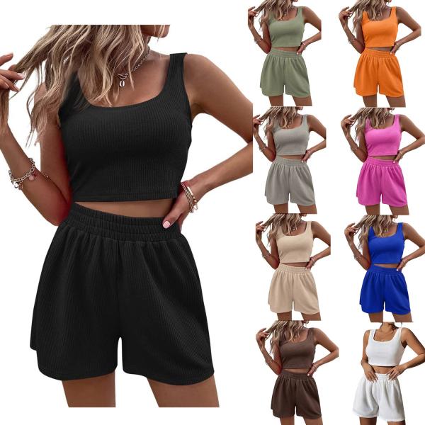 商品名:  Women's 2 Piece Summer Outfits Lounge Sets Ribbed Knit Sleeveless Crop Tank Top and Shorts Sweatsuit Tracksuits Bl...