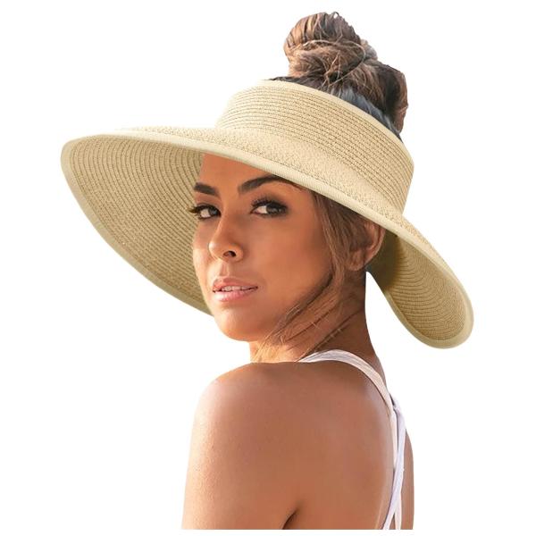 商品名:  BJUTIR Sun Visor Hats for Women Wide Brim Straw Roll Up Ponytail Summer Beach Hat Open Top Sunshade Packable Folda...