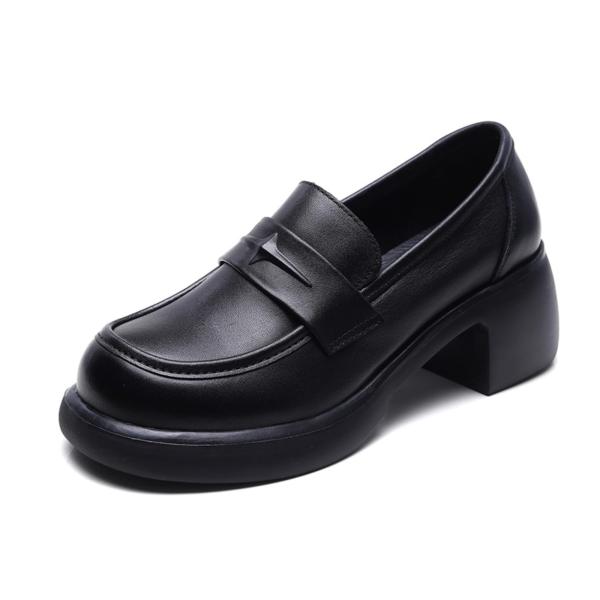 商品名:  XOEKD Women's Genuine Leather Chunky High Heels Loafers Vintage Round Toe Wedge Slip On Muffin Soled Penny Small L...