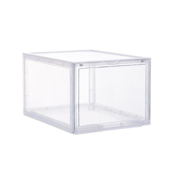 組み立て式シューズケース。中身が見えやすい透明度の高いフタはマグネット付きでパチッと閉じられます。ハイカットの靴も入れられます。対応サイズ：31cmまで対応（靴の形状により、入らない場合があります。）外寸サイズ：W28×D37×H22cm内...