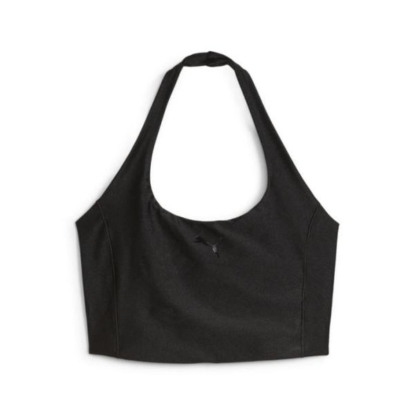 DARE TOコレクションのホルターネックです。首のゴムリボンはフィット感の調整が可能です。スリムフィットのすっきりとしたシルエットはスタイルをきれいに見せてくれます。光沢感のあるプーマキャットロゴ、快適性を高めたナイロン素材などスポーティ...