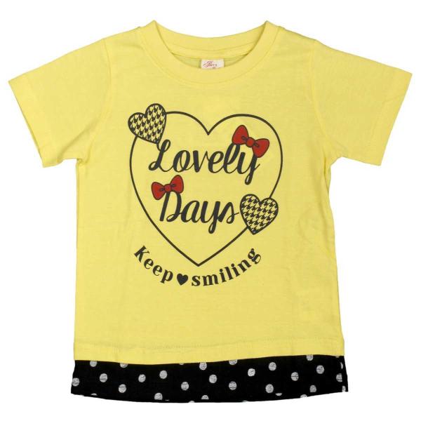 【発売日：2019年05月17日】女の子半袖Tシャツ・レイヤード風ロゴT・首回りリブ素材・胸部分はにハートと英字ロゴプリント入り・裾ドットプリントでレイヤード風・バック左裾にも英字プリント☆何枚もあると助かるTシャツ♪・着心地抜群♪・通学や...