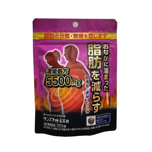 サンスラットEX 225錠は、18種類の生薬から抽出した防風通聖散エキスを配合した第2類医薬品です。おなかに皮下脂肪が多く、便秘がちな方の肥満症や、高血圧・肥満に伴う便秘、むくみなどに用いられます。飲みやすいフィルムコート錠タイプです。成分...