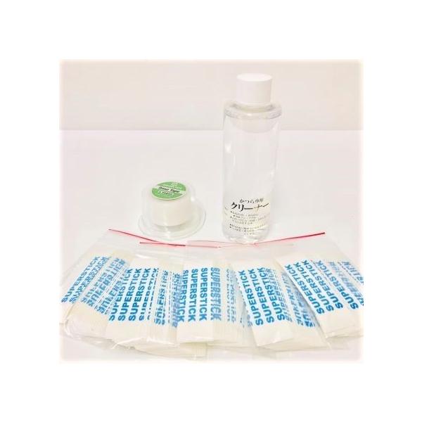 強力テープ180枚＋カツラ用クリーナー＋ベーステープの3点セット<br>強力テープのサイズ／寸法： 2.5cm x 7.6cm<br>形状：ストレート<br>粘着　　：★★★☆☆(中程度です）<br...