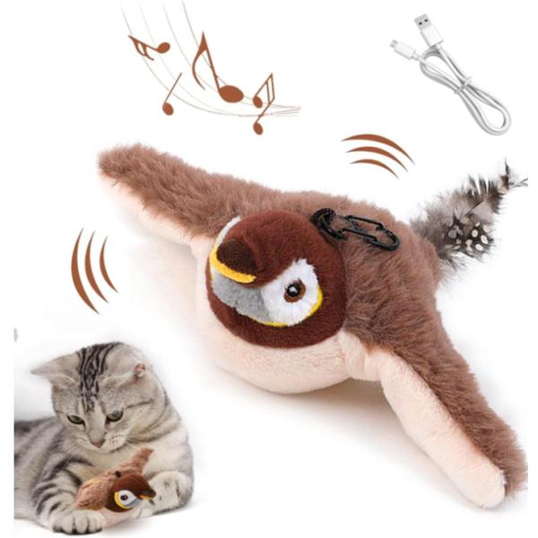 【羽ばたき、さえずる鳥おもちゃ】- この猫のおもちゃはタッチセンサーが内蔵されており、触れたり、遊んだりすると、本物の鳥のように羽ばたき、鳴き声を出します。猫の興味を引き、狩猟本能を刺激し、ふわふわとしたリアルなスズメの姿が猫を楽しませます...