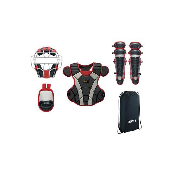 オーダー仕様の限定軟式キャッチャー防具4点セット。マスク/中空鋼、プロテクター/ポリエステル、レガーツ/ポリエチレン、スロートガード/ポリエチレン・合成皮革マスク/SG基準対応、プロテクター/ワンタッチ着脱式、レガーツ/ダブルカップ・ワンタ...