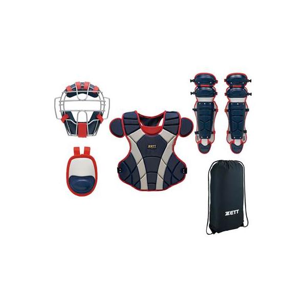 オーダー仕様の限定軟式キャッチャー防具4点セット。マスク/中空鋼、プロテクター/ポリエステル、レガーツ/ポリエチレン、スロートガード/ポリエチレン・合成皮革マスク/SG基準対応、プロテクター/ワンタッチ着脱式、レガーツ/ダブルカップ・ワンタ...