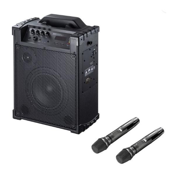 ワイヤレスマイク付き拡声器スピーカー（バッテリー内蔵・ワイヤレスマイク2本対応）ワイヤレスマイク2本の同時使用に対応し、電源がない環境でも動作するバッテリー内蔵のワイヤレスマイク付き拡声器スピーカー。