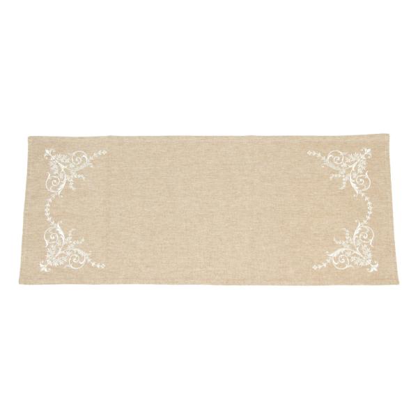 フレンチスタイルのオシャレで人気のテーブルランナの新作です。コットン100％のベージュ無地生地に刺繍とホワイトレースのトリムをあしらったフレンチスタイルのテーブルライナーです。シャビーシックなダイニングテーブルやサイドボードに掛けて使いたい...