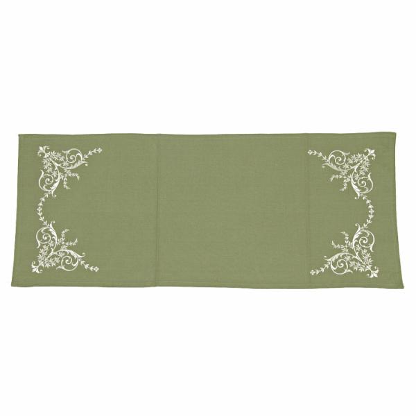 フレンチスタイルのオシャレで人気のテーブルランナの新作です。コットン100％のグリーン無地生地に刺繍とホワイトレースのトリムをあしらったフレンチスタイルのテーブルライナーです。シャビーシックなダイニングテーブルやサイドボードに掛けて使いたい...
