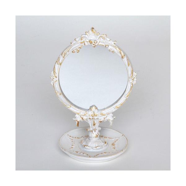 プレートに手鏡をスタンドアップした様なエレガントでアンティーク風なスタンドミラー（卓上鏡）です。珍しいと言えば珍しいミラーですが、狭所でもしっかり立たせて使えるので置く場所を選ばずいいかもです。円形の鏡面の周りや背面のデザインが、アンティー...