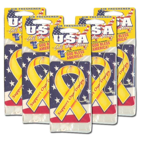 ■ Support Our Troops Yellow Ribbon Air Fresheners 5枚セット ■アメリカンフラッグの上にイエローリボンの絵柄。「Support Our Troops」のメッセージ付き。車やお部屋に吊り下げて...