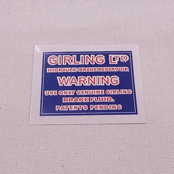 GIRLING/WARNING 表貼りステッカータテ61mmヨコ73mmGIRLING LtdHYDRAULIC BRAKE RESERVOIRWARNINGUSE ONLY GENUINE GIRLINGBRAKE FLUID.PATEN...