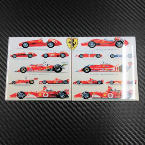 FORMULA 1 FERRARI WORLD CHAMPION CARS プリントタイル 2枚セットカラー：ブルー／グリーンサイズ（mm）：107*107*5　※1枚当たり2枚1セットで1枚の絵になっています古いものなので若干の小傷や汚れ...