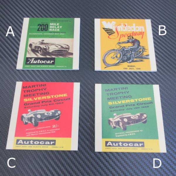 SILVERSTONE コースター パネル ポスター柄 4種Coaster Racing Driversビンテージポスターを模したコースターパネルです。サイズ（ｍｍ）タテ98*ヨコ100*厚み4土台：発砲ボード