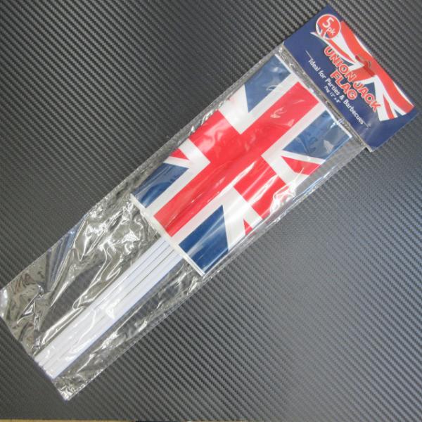 ユニオンジャックフラッグ インテリアディスプレイ用 5本セットUNIONJACK FLAG5本セットのユニオンジャックフラッグ。壁に掛けたり、テーブルやソファーと使い方はいろいろ。サイズ(inch)タテ8*ヨコ12素材：ビニール