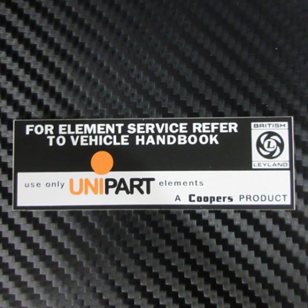 エアーフィルターに貼るステッカーです。タテ:30mmヨコ:92mmFOR ELEMENT SERVICE REFERTO VEHICLE HANDBOOKUSE ONLY UNIPART elementsA Coopers PRODUCTB...