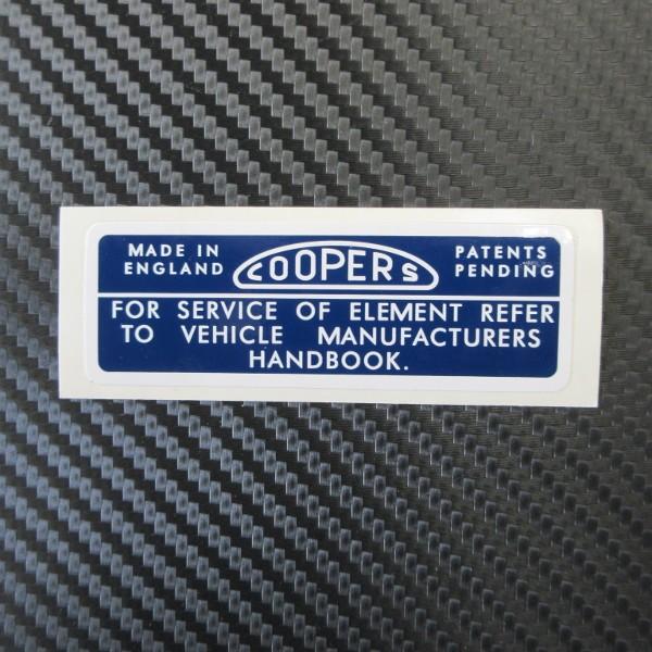 クーパーズ　カー表示ステッカーCOOPERS MADE IN ENGLAND COOPERSPATENTS PENDINGFOR SERVICE OF ELEMENT REFER TO VEHICLE MANEFACTURERSHANDBO...