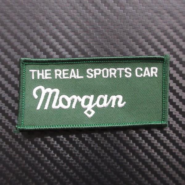 MORGAN THE REAL SPORTS CAR クロスバッジ　四角カラー：グリーン/シルバータテ：47mmヨコ：95mm裏面アイロンプリントシールなし