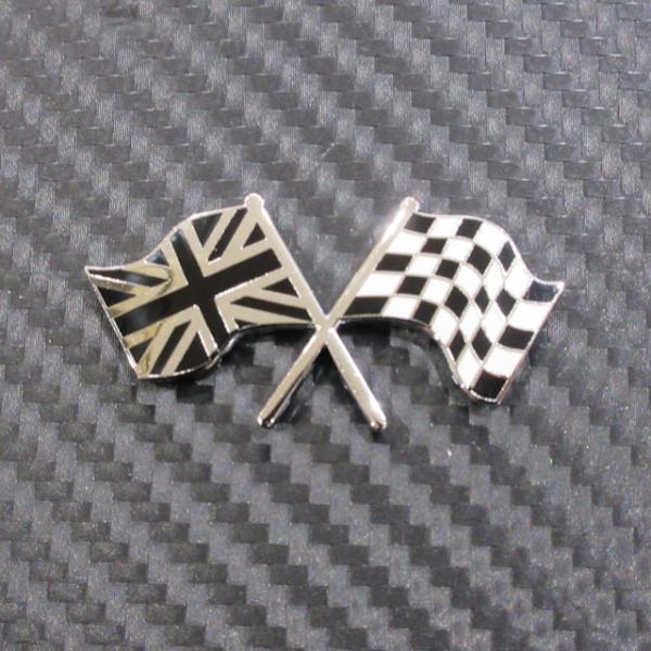 ユニオンジャック チェッカーフラッグクロス メタルバッジ ブラックUnion Jack&amp;Chequered crossed flags adhesive badgeタテ 25mmヨコ 51mmフラッグ一つ幅 23mm  厚み 1.5...