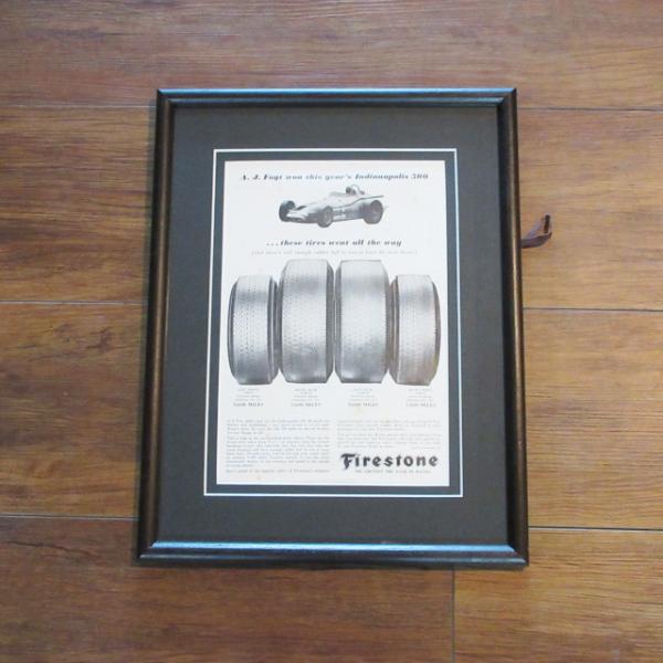 1964年 Firestone A.J Foytインディアナポリス500 勝利 インディプリント広告写真 木製フレームサイズ（ｍｍ）外フレーム：430*310*140絵：270*180経年のためシミあり。レースタイヤの紹介34-4
