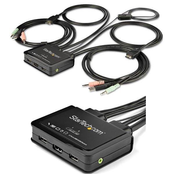 音声とリモート切替に対応する4K/60Hz 2ポートDisplayPort KVMスイッチ(ケーブル一体型)。ワンセットのモニタ、キーボード、マウス、音声周辺機器でDisplayPort/USBコンピュータ2台を制御します。【4K/60Hz...