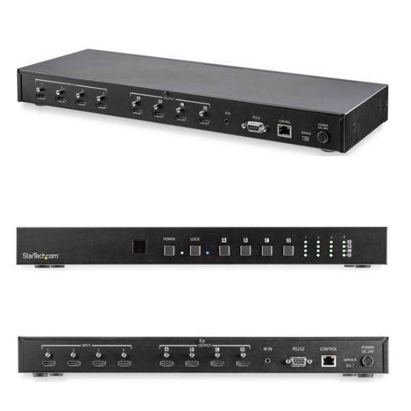 4x4 HDMIマトリックススイッチ。4つのHDMIビデオソースを4台のディスプレイ/プロジェクタで共有します。各ディスプレイ機器でアクティブ状態にするソースを切り替えることができます。【4K/60Hz解像度】本製品は、ハイレベルなAVパフ...