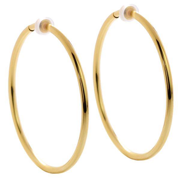 商品番号：DFC00014●使用貴金属:K18(18金イエローゴールド)●サイズ:フープ外径40mm×フープ幅2mm(手作りの為若干の誤差がございます)●付属品:品質保証書 ケース●備考:即納在庫品※内蔵のバネはステンレスを使用しております...