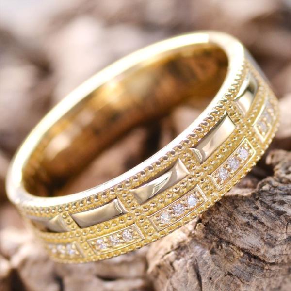 商品番号:DYC00127使用貴金属:K18(18金イエローゴールド) 刻印有り使用石:ダイヤモンド計0.06カラット 刻印有り総重量:約7g（18号にて計量）サイズ:幅（リング上部）約5.8mm 幅（リング下部）約5.7mm厚み（リング上...