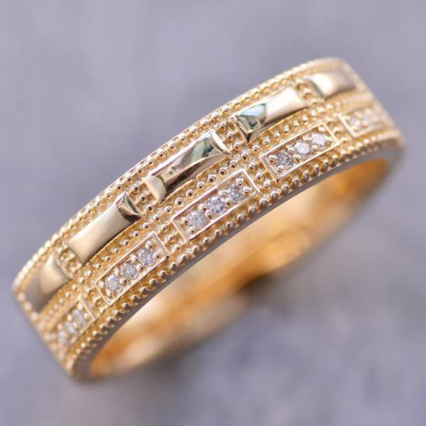 商品番号:DYC00131使用貴金属:K18PG(18金ピンクゴールド) 刻印有り使用石:ダイヤモンド計0.06カラット 刻印有り総重量:約7g（18号にて計量）サイズ:幅（リング上部）約5.8mm 幅（リング下部）約5.7mm厚み（リング...