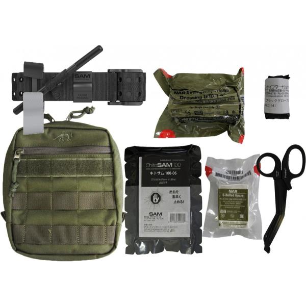 セット内容(1)NAR救急外傷包帯S(2)NARロールガーセ(3)TYKピラニアはさみ(4)ニトリルグローブ(ブラック)(5)SAMターニケットXT−ブラック(6)キトサム100-06(7)タスマニアンタイガー・タックポーチ5(オリーブ色)