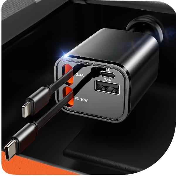 【4台同時に69W急速充電 &amp; PD3.0】このシガーソケット充電器は、ライトニング（12W）とType-C（30W）の2本の巻き取り式充電ケーブルとUSB-Aポート（12W）*1、USB-Cポート（15W）*1の2つの急速充電ポー...