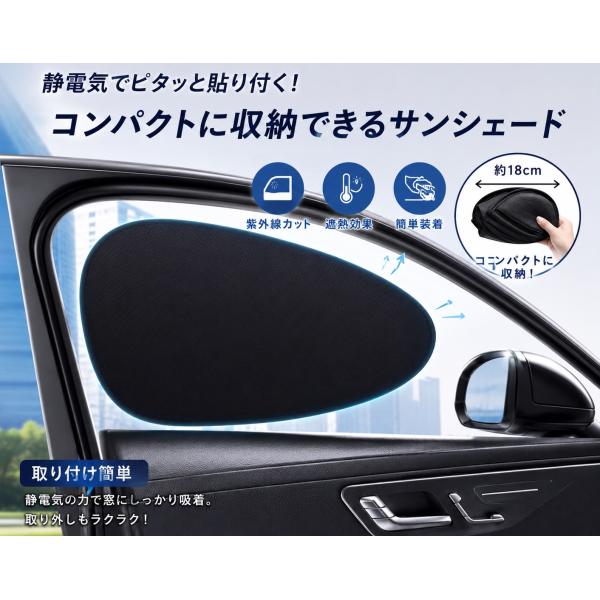 【商品の特徴】■ 強力UVカット直射日光を遮り、車内温度の上昇を軽減。まぶしい日差しから目や肌を守ります。■ 静電気吸着で簡単取り付け窓ガラスに軽く貼るだけ！工具不要で誰でも簡単に装着できます。■ 視界を妨げにくい設計サイドミラー部分の視界...