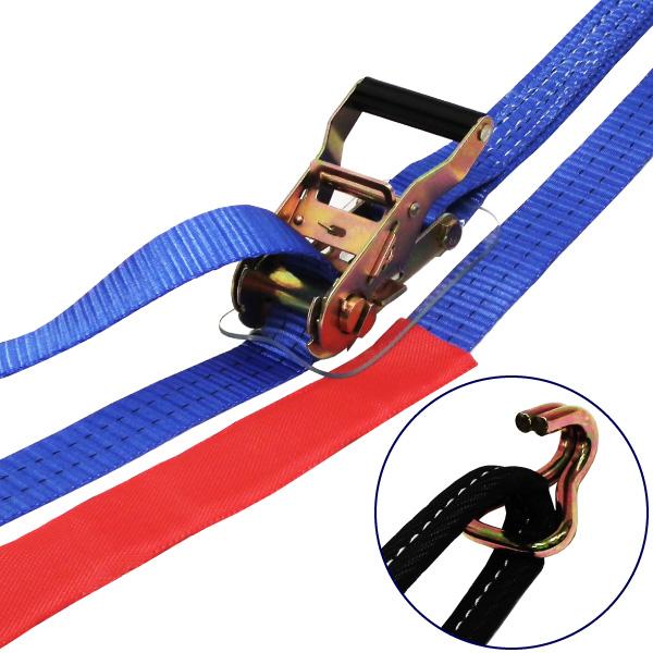 ●ラチェット式の握りやすいバックルと柔軟強度な繊維ベルトで荷に優しく簡単安全に荷締め作業ができます。●トラックの荷物運搬に。●スタイリッシュなデザインに、バックルプロテクターを標準装備しました。・安全係数：2（使用荷重×２＝破断荷重）・ベル...